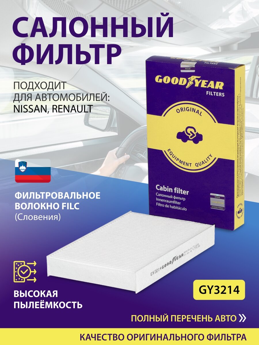 Фильтр салонный автомобильный Goodyear GY3214 для NISSAN: JUKE, PULSAR, SENTRA, TIIDA III; RENAULT: FLUENCE/
