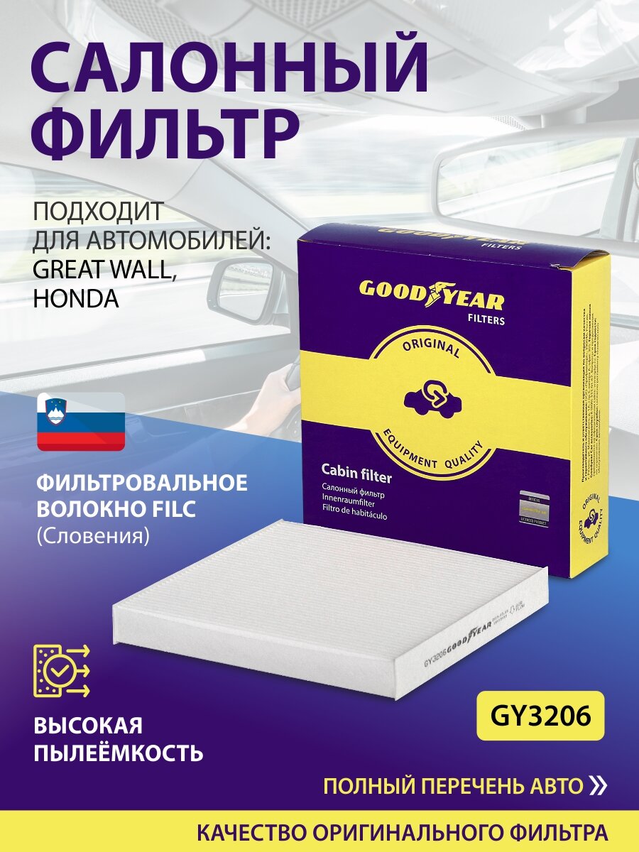 Фильтр салонный автомобильный Goodyear GY3206 для HONDA: ACCORD VII (03-), ACCORD VIII (08-), CIVIC IX, CIVIC VIII, CR-V III, CR-V IV, PILOT/