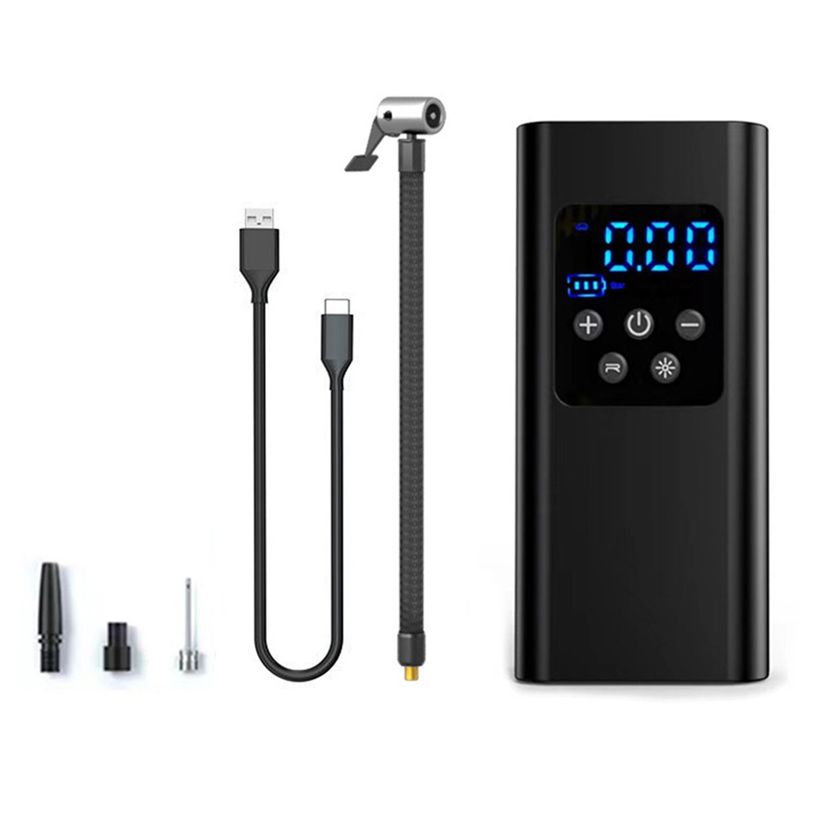 Портативный компрессор для накачки шин Tire Inflator с батареей 6000mAh, 150PSI, с LED-огнем для автомобилей, мотоциклов, мячей, материал ABS, напряжение 12V, батарея 3.7V, ток ≤10A, диаметр поршня 17mm, точность ±1.5PSI, время работы 8-10мин, длина