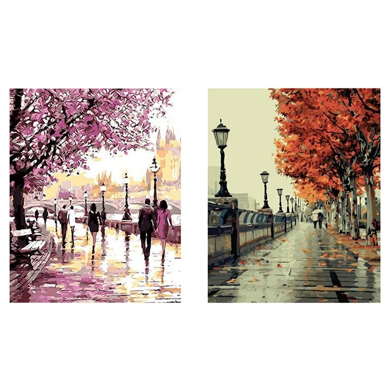 2 набора раскрасок по номерам Набор для самостоятельной акриловой живописи с кисточками - Любовь, осень и пара под цветущей вишней