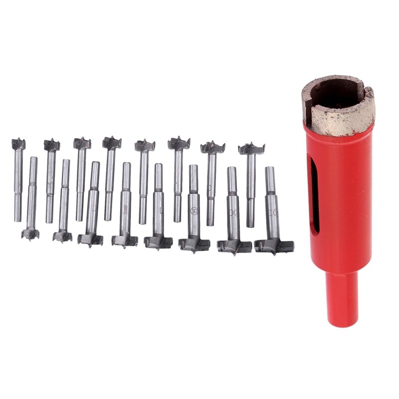 1 шт. алмазное сверло по мрамору и граниту, диаметр режущей коронки 20 мм, красная коронка и 16 шт. коронок по дереву Форстнера, коронка по дереву, фреза для вращающихся инструментов 15-35 мм