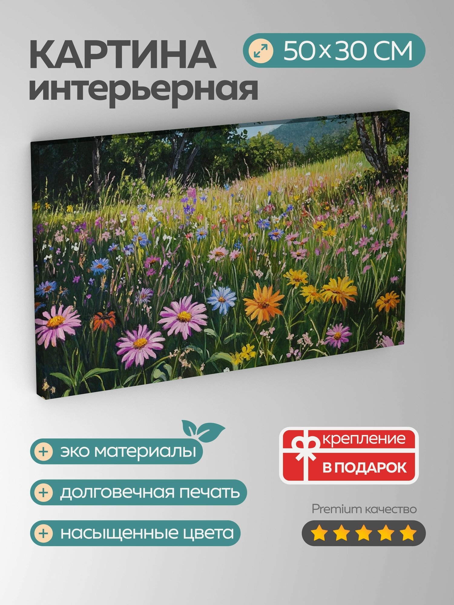 Картина на холсте интерьерная 50х30 см, акриловая картина, яркий луг, дикие цветы, разноцветные цвета
