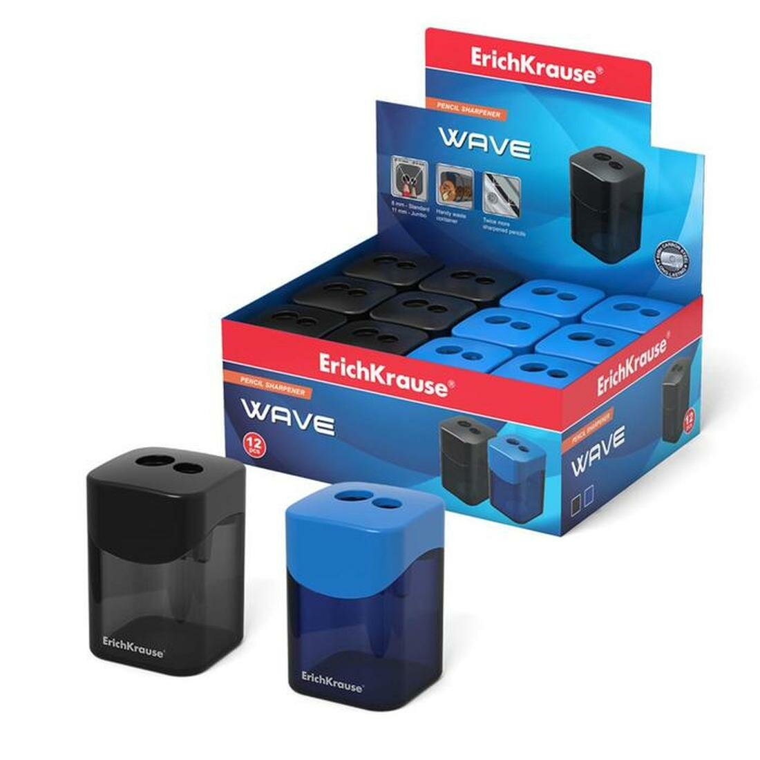Точилка ErichKrause Wave, 2 отверстия, с контейнером, отверстия диаметром 8 мм и 11 мм, микс