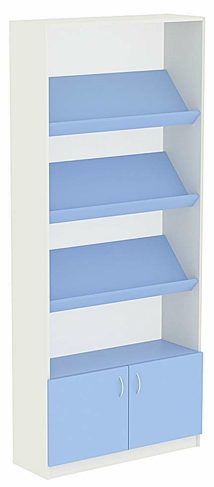 Недорогой стеллаж с накопителем и тремя наклонными полками для аптеки голубой ГОРИЗОНТ-СЭН-115-300