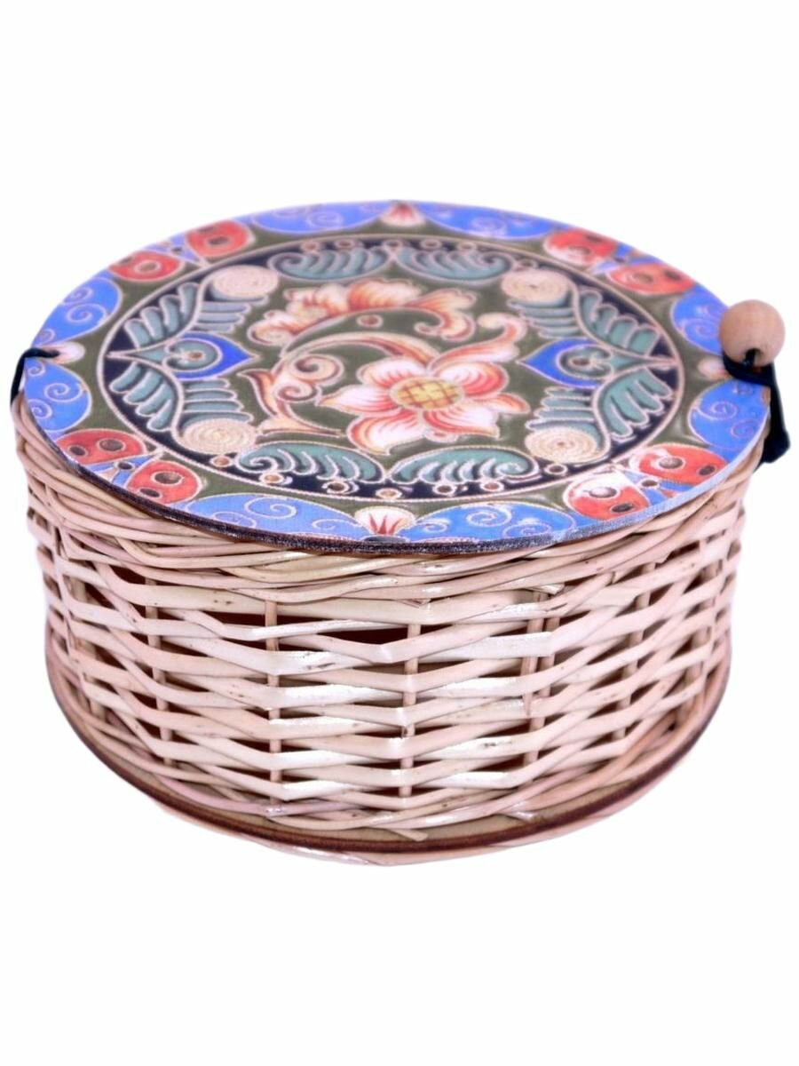Шкатулка (корзина) круглая плетеная с принтом на крышке №2 - цветок, ручное плетение из лозы