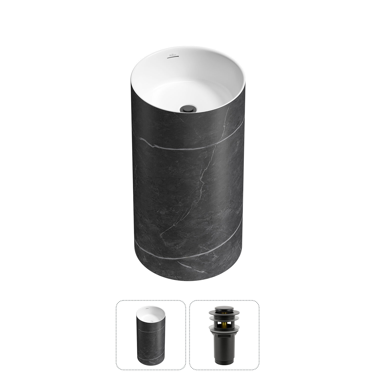 Круглая напольная раковина для ванной Wellsee Chalice Perfection 20212917R в наборе 2 в 1: напольная отдельностоящая раковина моноблок (чаша белый глянец, стенки матовый черный мрамор), донный клапан (цвет матовый черный)