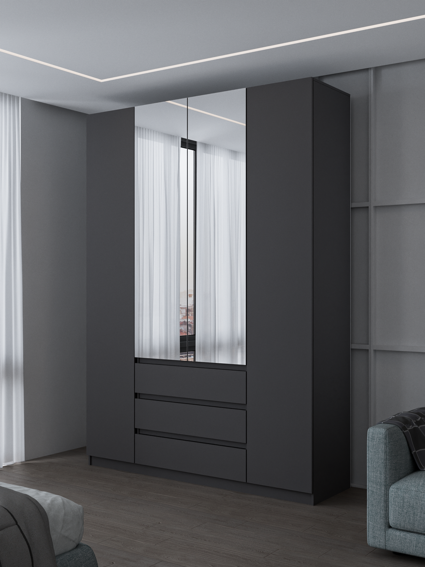 Шкаф распашной Мадера с зеркалами и выдвижными ящиками | ЛДСП Графит | Механизм открывания push-to-open