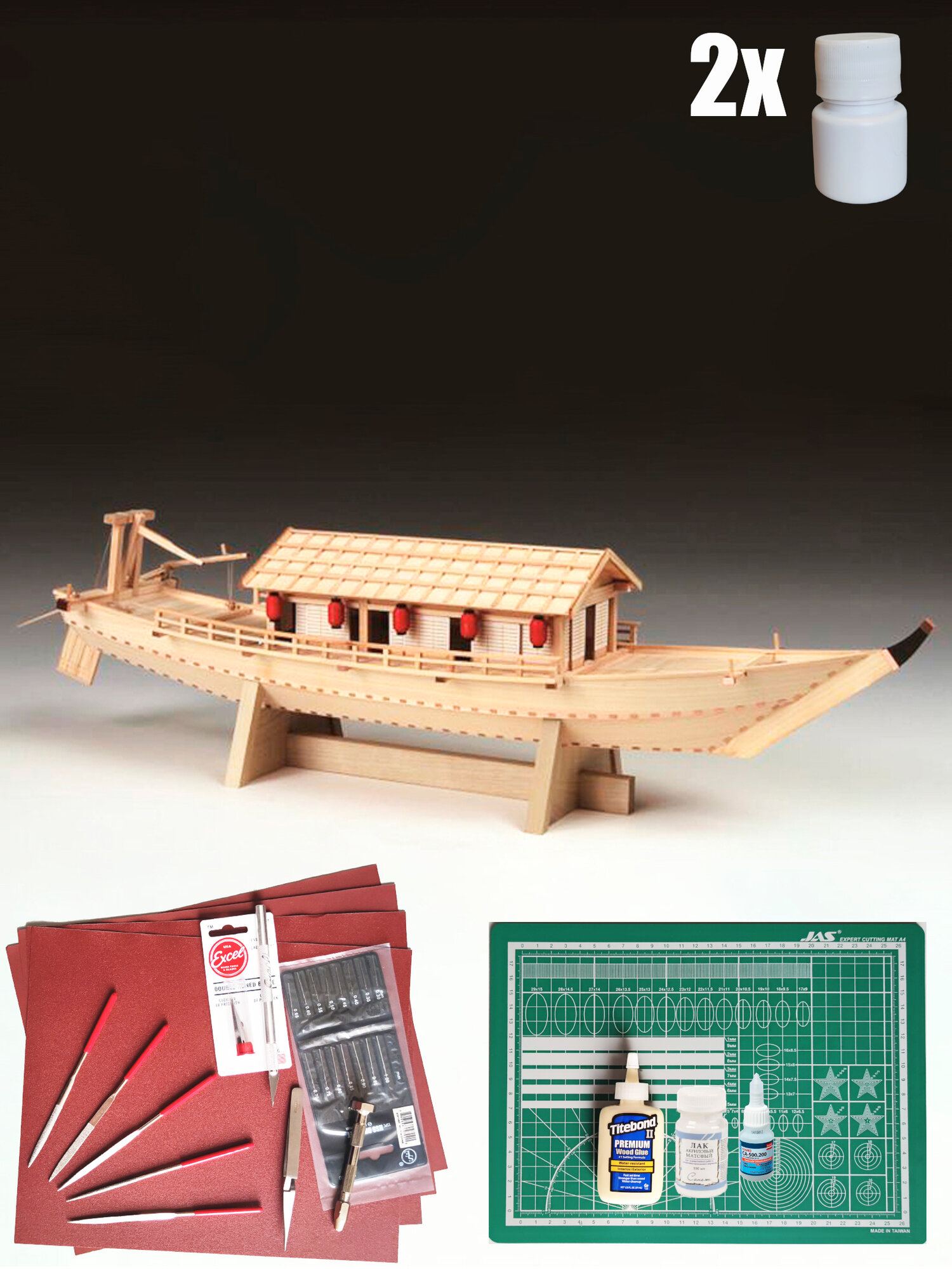 Сборная модель лодки от Woody Joe, Yakatabune (с подсветкой), 640х130х150 мм, М.1:24, подарочный набор с инструментами и красками, лаком и клеями