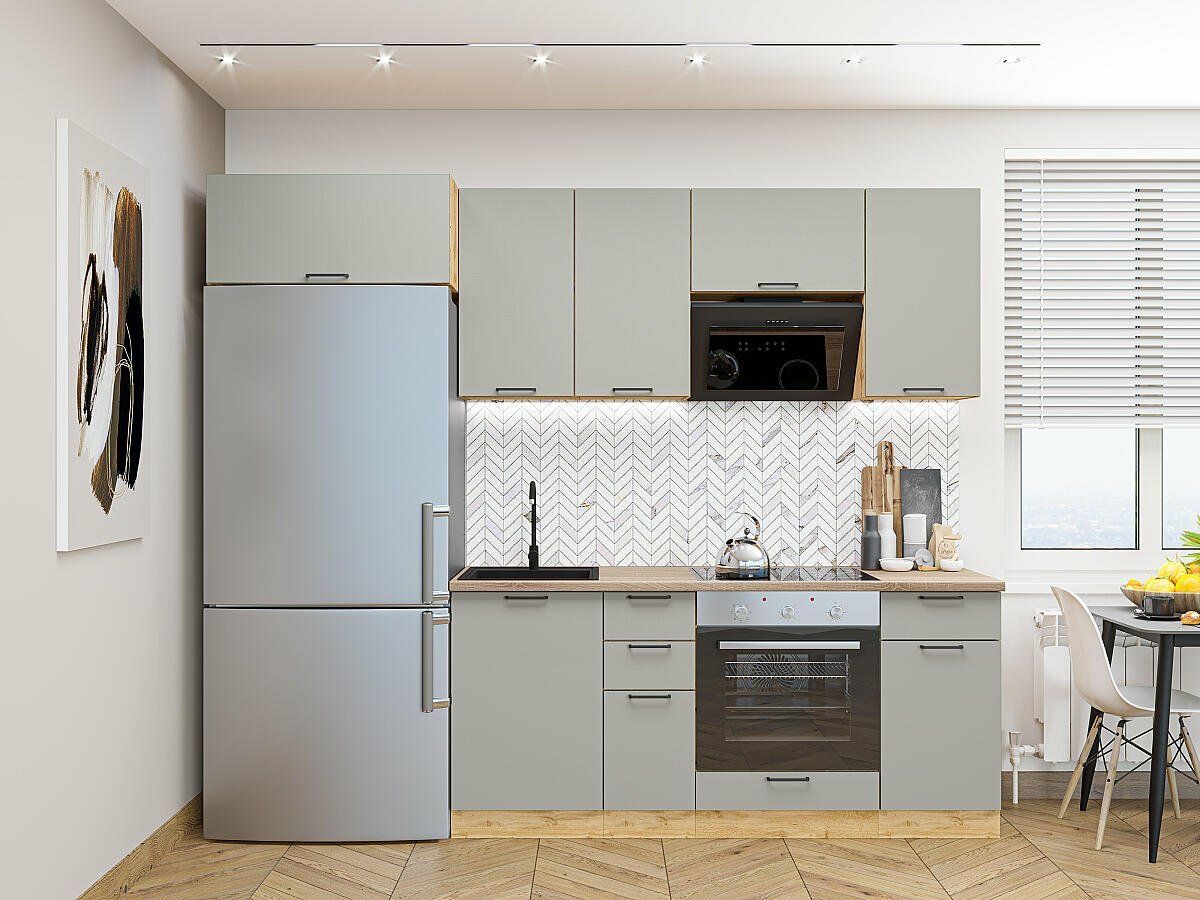 Кухня Флэт-01, цвет фасада Light Grey In 2S, цвет каркаса Дуб Вотан, 2140*2600*600 мм