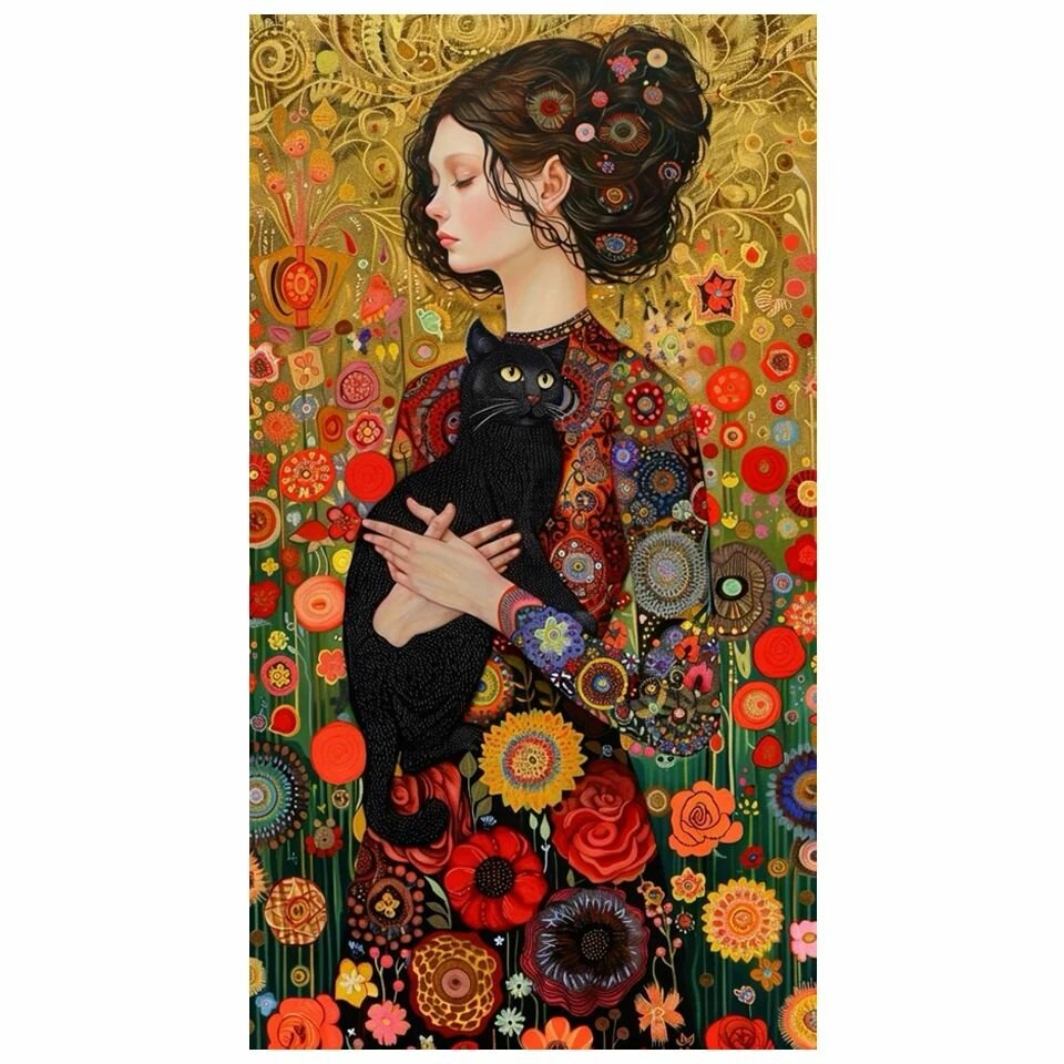 Алмазная картина "Женщина с кошкой" алмазная огранка 40х60 см,40X60CM, белый