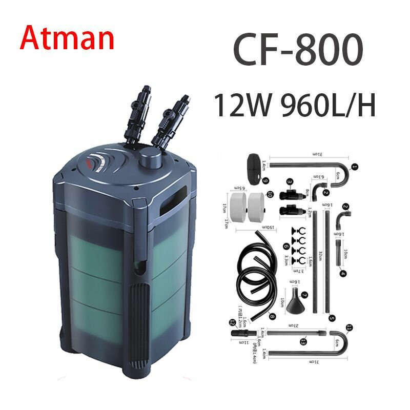 Внешний фильтр для аквариума Atman CF-800, 12 Вт, 960 л, рекомендуется для аквариумов объемом 200 300 л, встроенная губка, включая шланги и фитинги для входа и выхода воды.