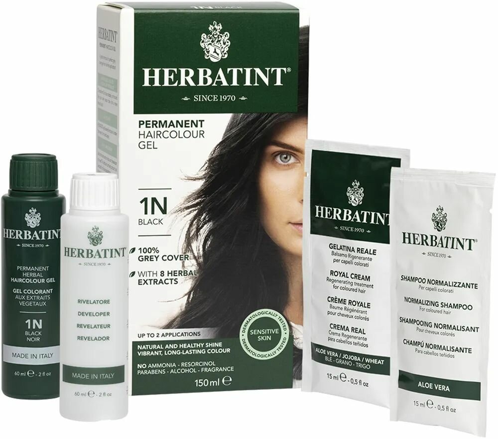 Гель-краска для волос без аммиака с экстрактами натуральных растений для волос без аммиака с экстрактами натуральных растений тон 1N чёрный HERBATINT, 150 мл