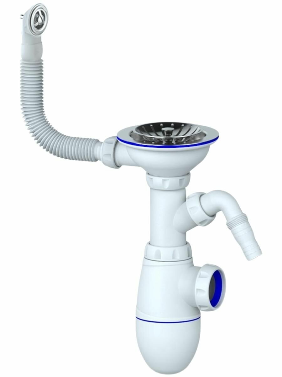 Сифон одинарный 3 1/2 (90мм) для мойки с отводом для стиральной машины с круглым переливом юникорн