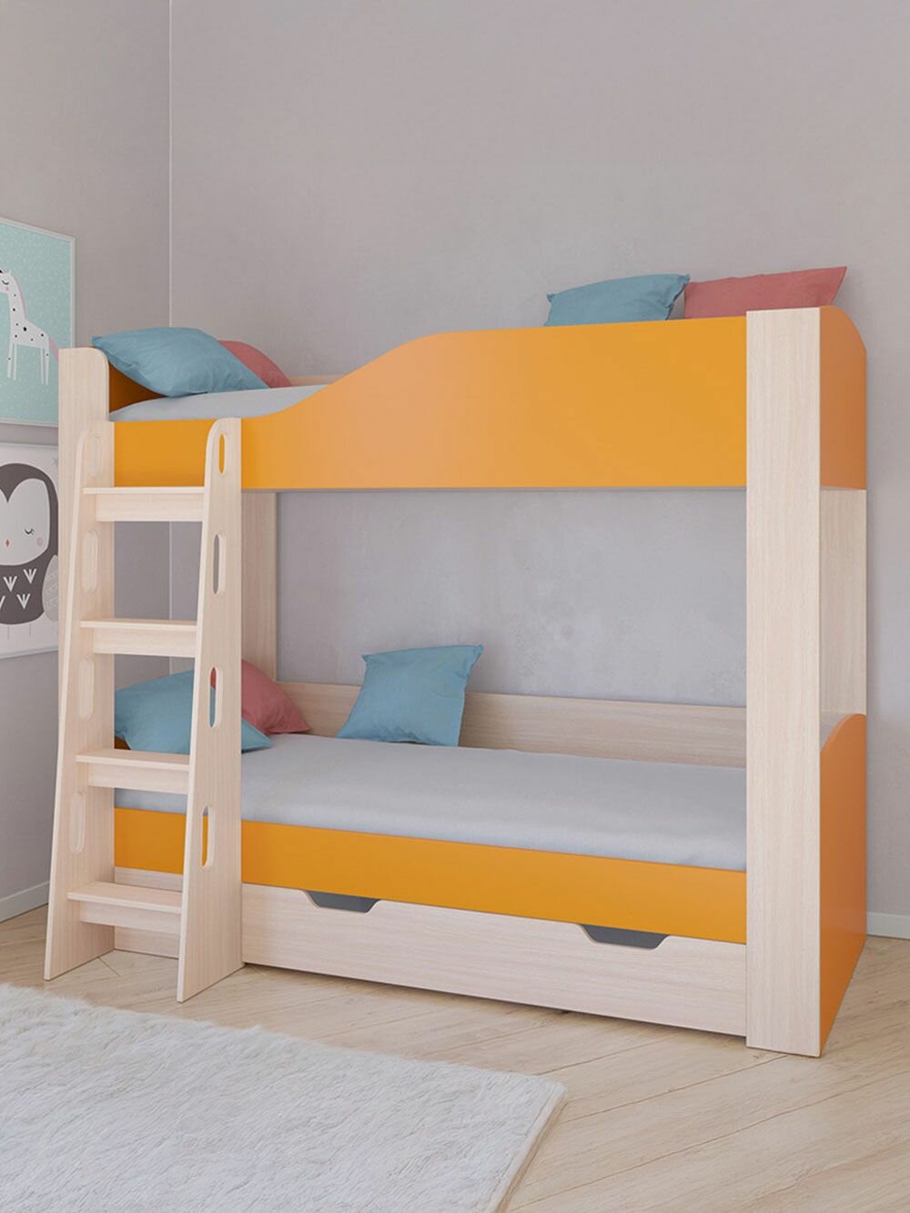 Двухъярусная кровать Астра-2 80х190 см, с основанием настил, с ящиком, с бортиками, Дуб Молочный / Оранжевый