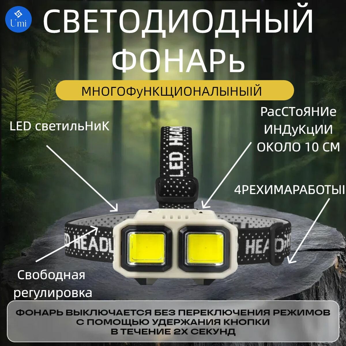 Фонарь налобный со сменным аккумулятором 18650 / Светодиодный фонарик с зарядкой USB / 2 вида света