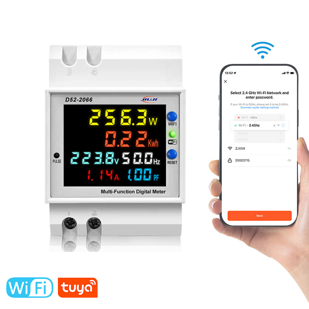 Tuya WiFi Home Интеллектуальный цифровой электросчетчик с дисплеем, креплением на DIN-рейку, измерением напряжения и тока, коэффициентом мощности, частотой, функцией запоминания неисправностей, поддержкой управления через мобильное приложение.