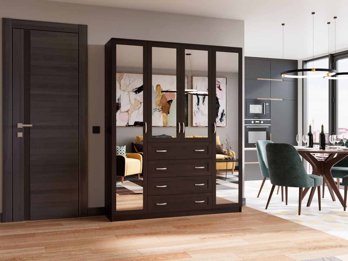 Шкаф распашной Стелла-1 Венге для одежды с зеркалом четырехдверный 200*200*60