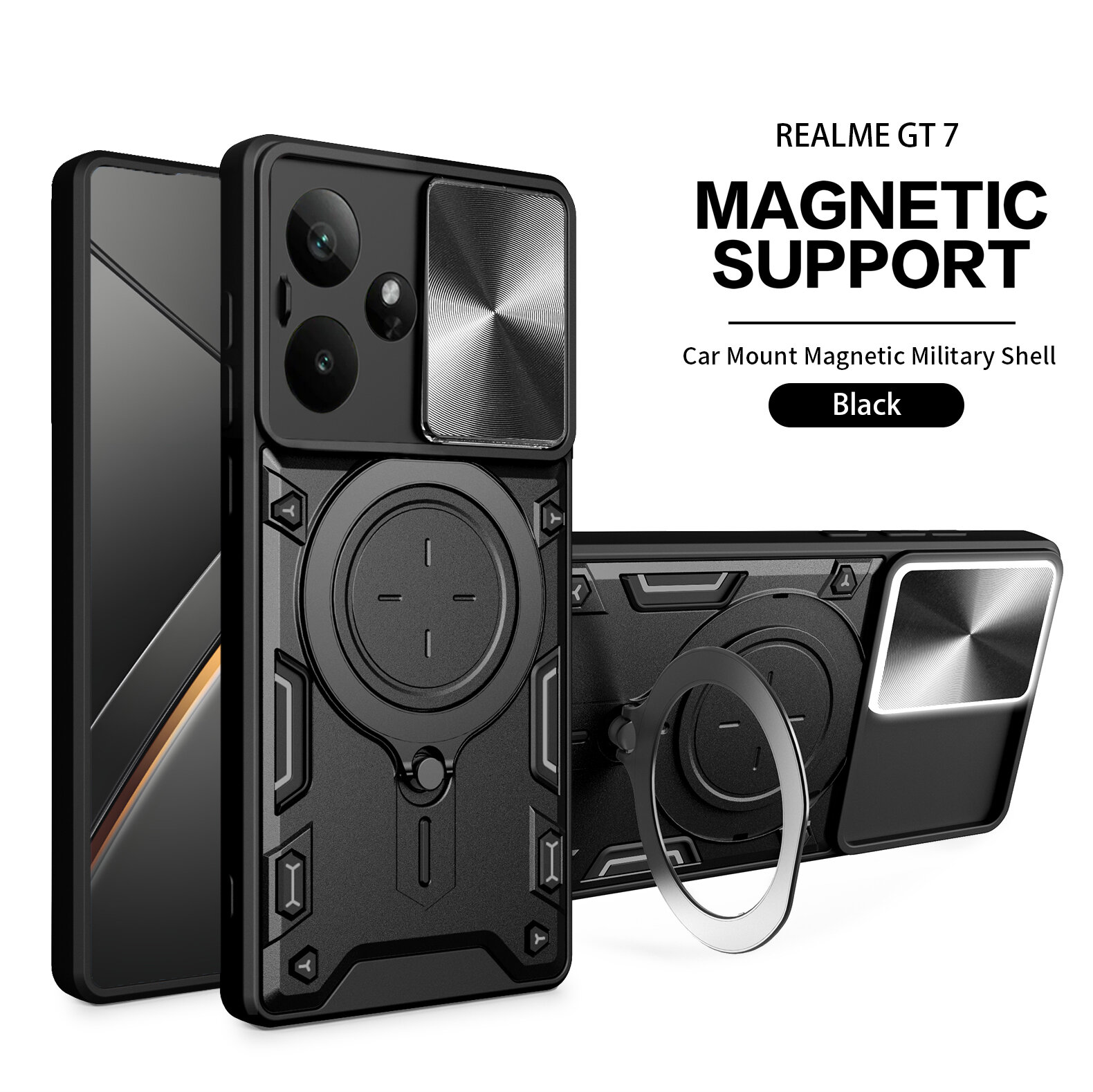 Чехол для Realme GT 7 / Реалми ГТ 7, глянцевая поверхность, пластик, защита камеры, ударопрочный, встроенная подставка, realme, Realme GT 7, чехол-кардиомонитор, black, Jiashang Realme GT 7