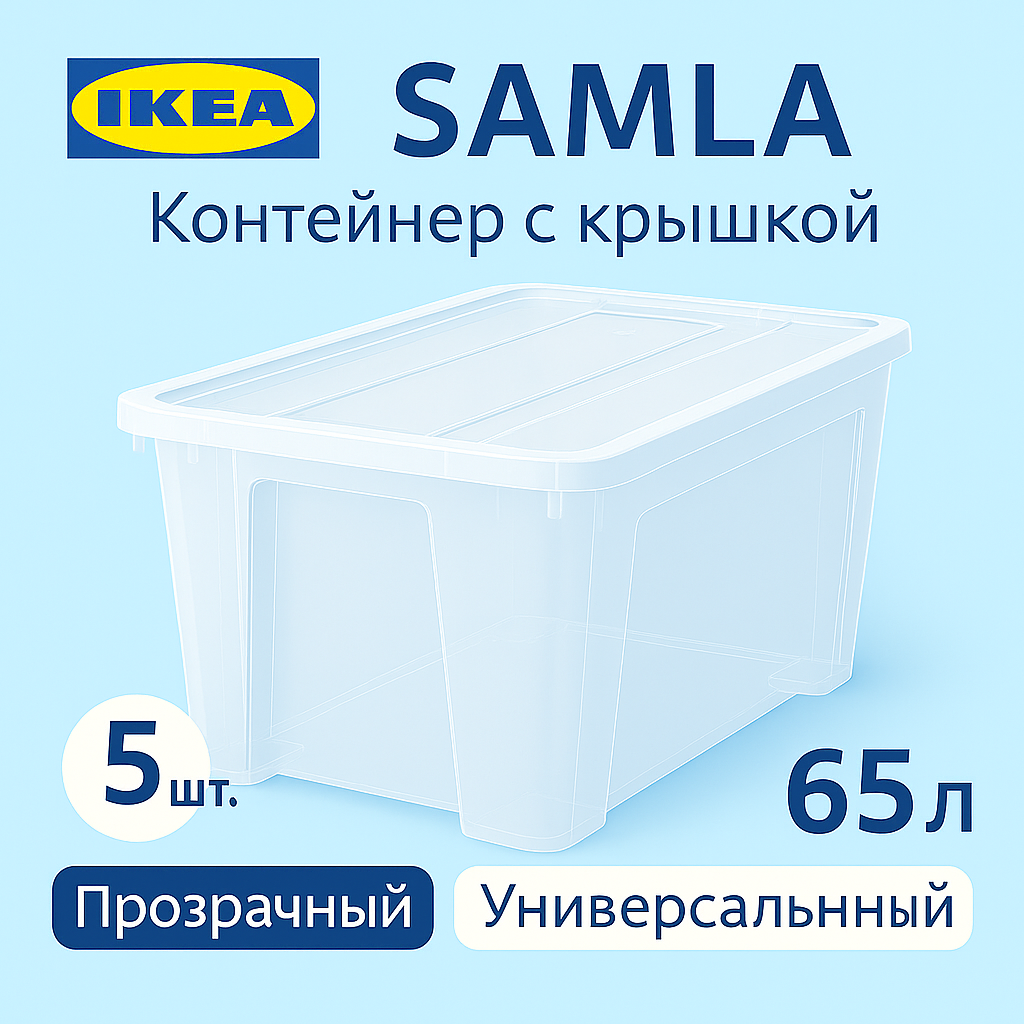 Контейнер с крышкой 65л, 57*39*28см, прозрачный. Икеа Самла, Ikea Samla 5 шт