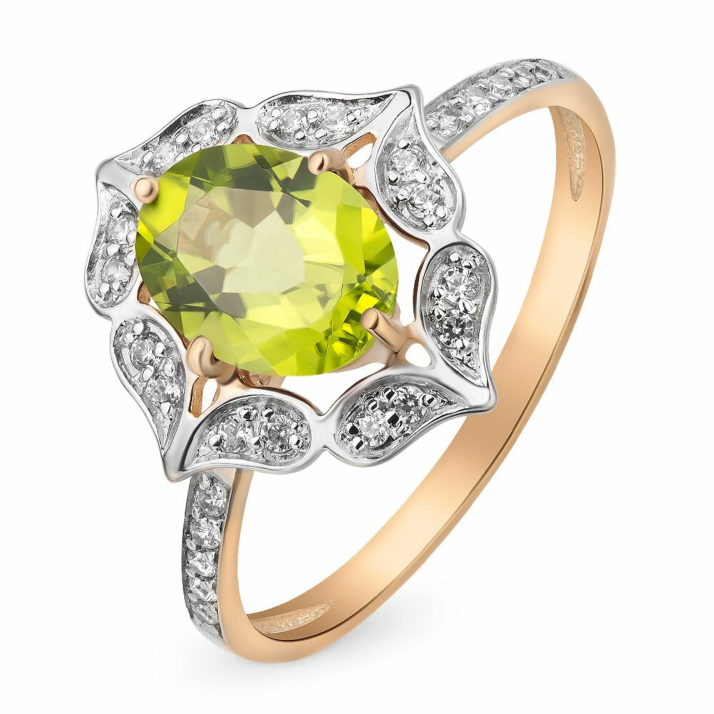 Кольцо, красное золото, 585 проба, родирование, фианит, хризолит