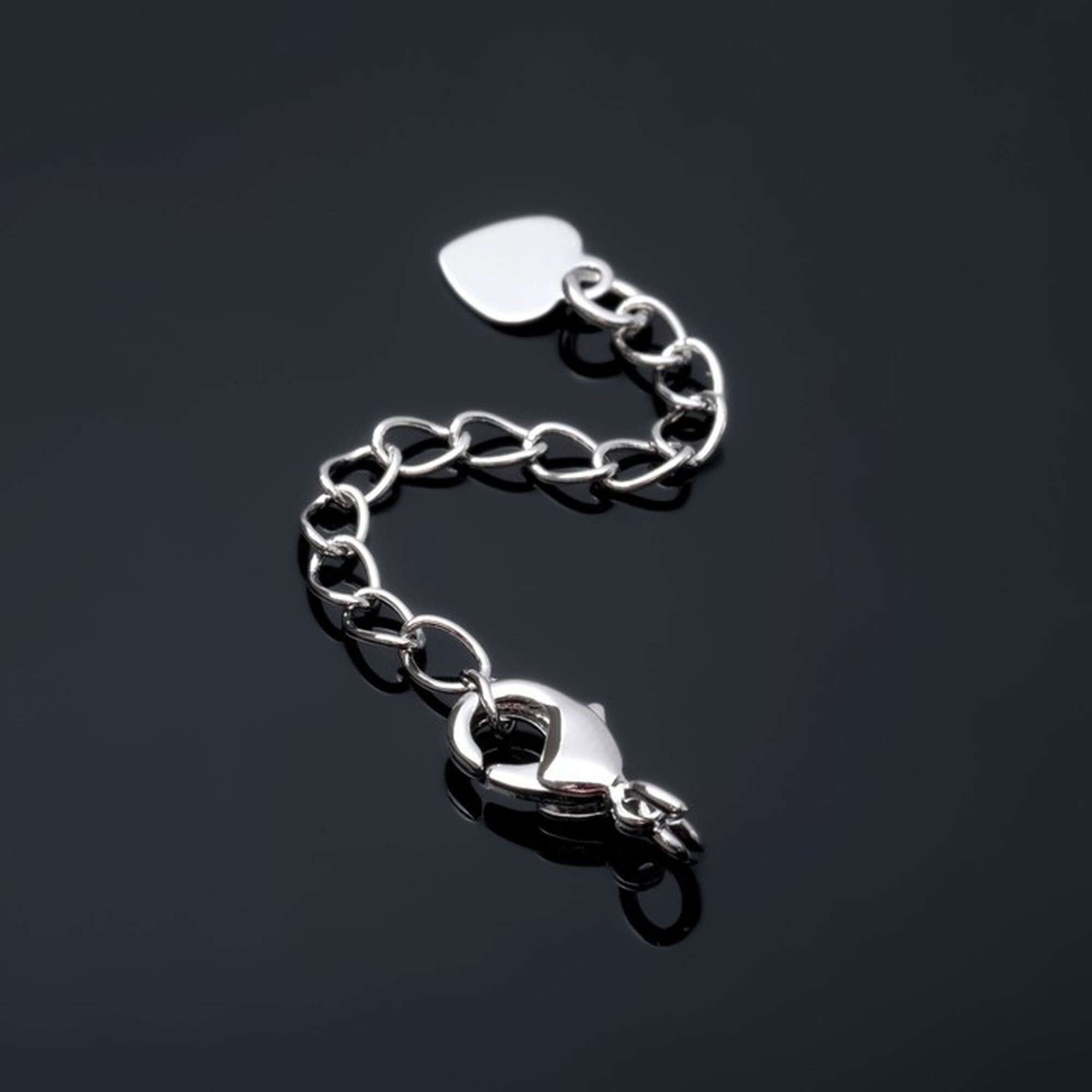 Замок - карабин родированный 10 мм «Сердечко» с удлинителем 4 см, цвет серебро