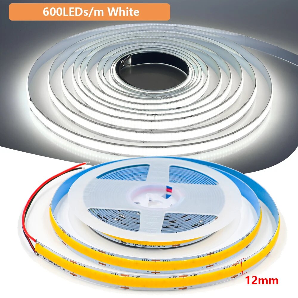 GAHADA Светодиодная лента COB 12/24В 600/1600 светодиодов/м 600LED White, DC 12V, 5м