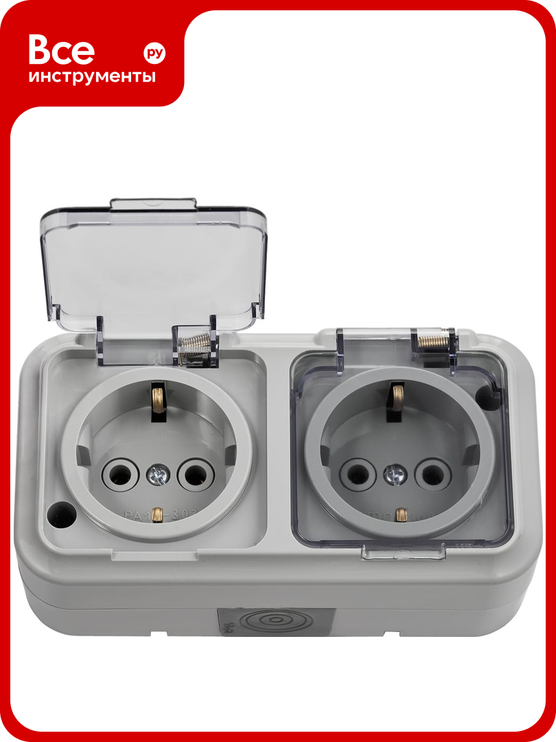 Розетка Bylectrica 2-местная ОУ с заз. конт. IP54, с прозрачной крышкой, серия пралеска аква, серый, РА16-303 (02)