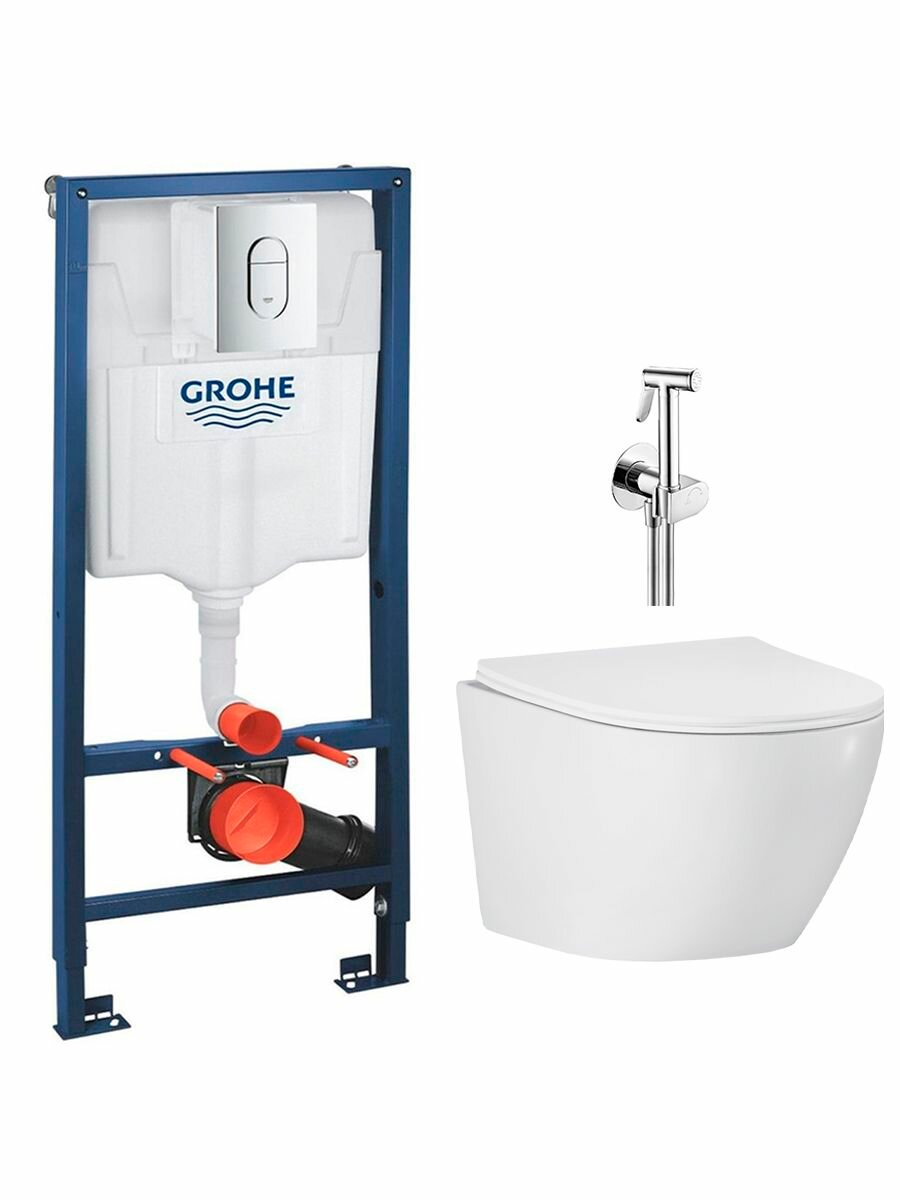 Инсталляция с унитазом и гигиеническим душем комплект: унитаз подвесной Helmken 35103001, сиденье с микролифтом из дюропласта, инсталляция Grohe, кнопка, гигиенический душ