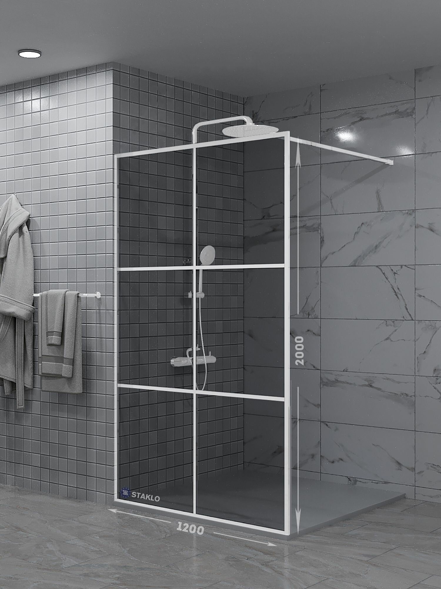 Loft душевая одиночная перегородка staklo 120x200 из серого графит стекла белая фурнитура