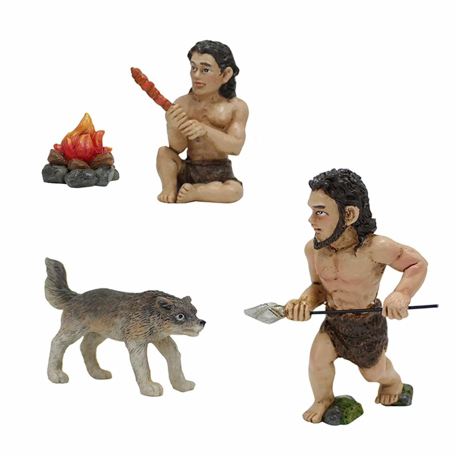 Набор садовых фигурок: 2 первобытных человека, волк и мини-костер для декора сада и интерьера