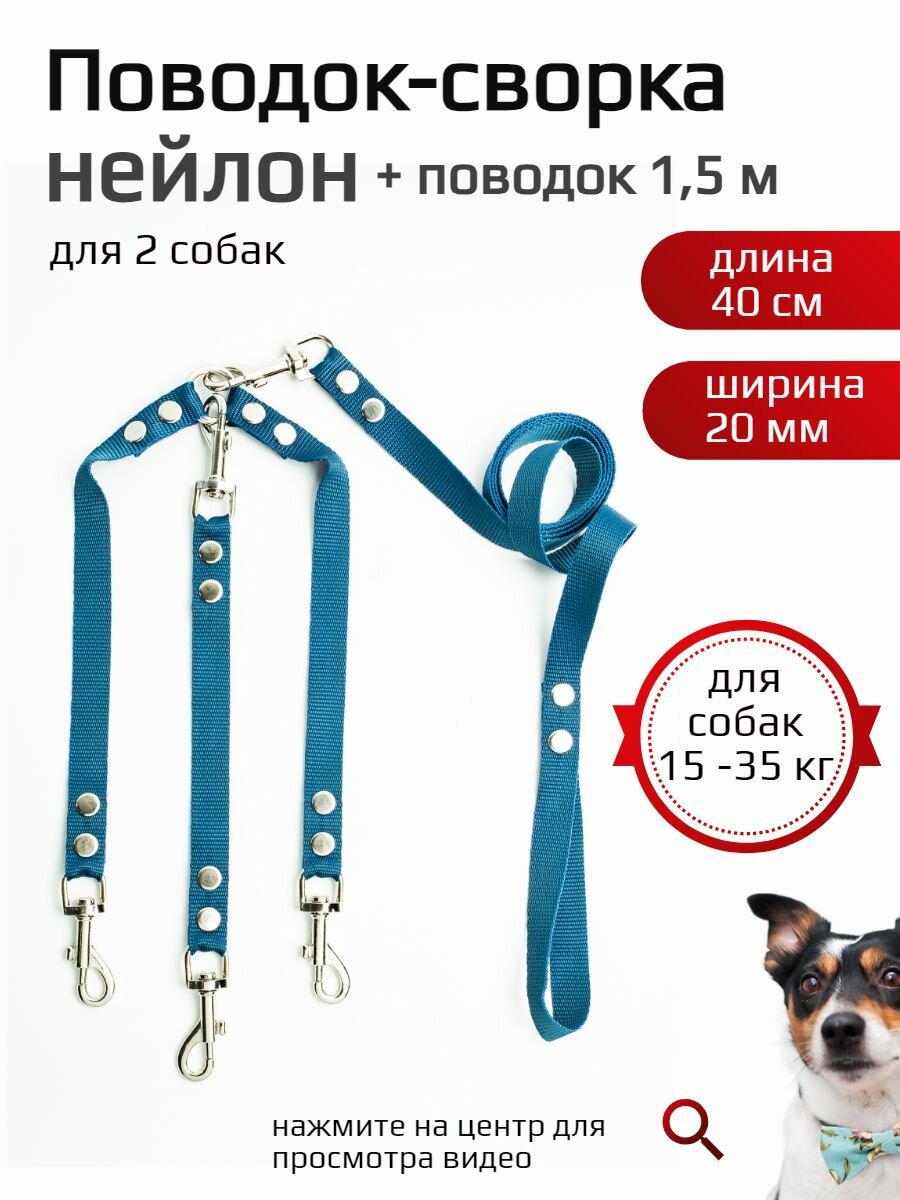 Сворка Хвостатыч для трёх собак нейлон 40 см х 20 мм с поводком 1.5 м (темно-синий)