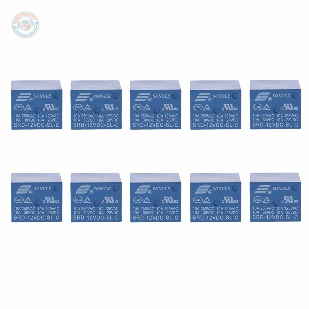 Реле 12V 5-контактное Songle, комплект 10 шт, автомобильное реле SRD-12VDC-SL-C для схем и электроники, синие мини-реле 10А