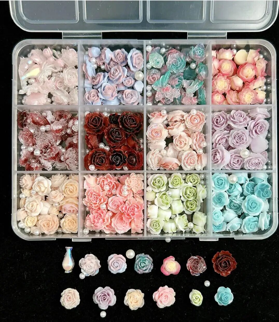 12 Шт. 3D-украшений Для Ногтей В Виде Камелий И Роз С Жемчужным И Цветочным Принтом Из Смолы, Стразами Для Дизайна Маникюра