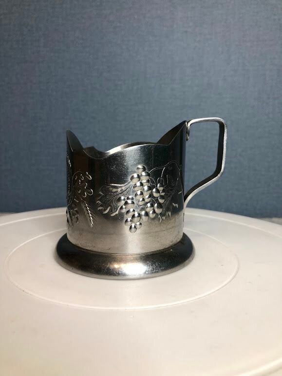 Подстаканник винтажный, 80-е г. СССР "виноградная лоза", нерж. сталь, клеймо