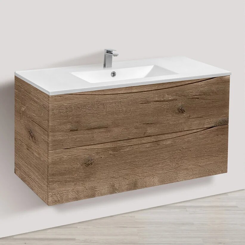 Тумба с раковиной Vincea Mia 100 подвесная, 101, 5 см, светлое дерево, матовая, из МДФ, с ящиками, раковина для ванной, фарфоровая, прямоугольная, встроенный слив-перелив