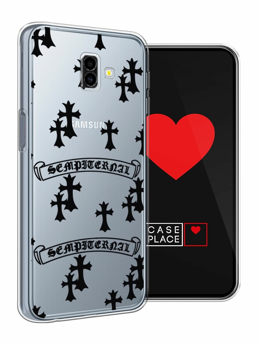 Чехол на Samsung Galaxy J6 + / Самсунг Галакси J6 Плюс 2018 с принтом "Кресты паттерн чёрный", прозрачный — фото 1