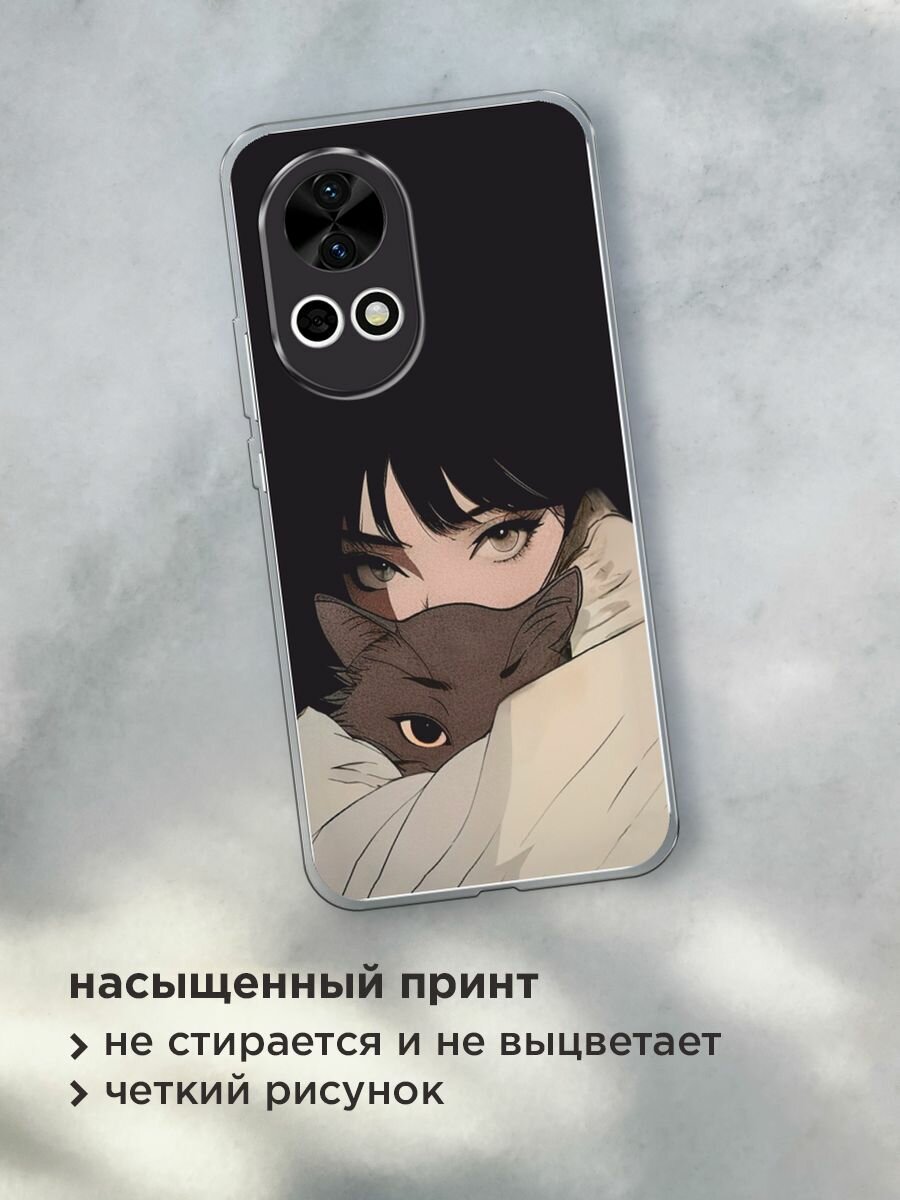 Чехол на Huawei Nova 12/Nova13 / Хуавей Нова 12/Нова 13 с принтом "Аниме девушка с котиком" — фото 1