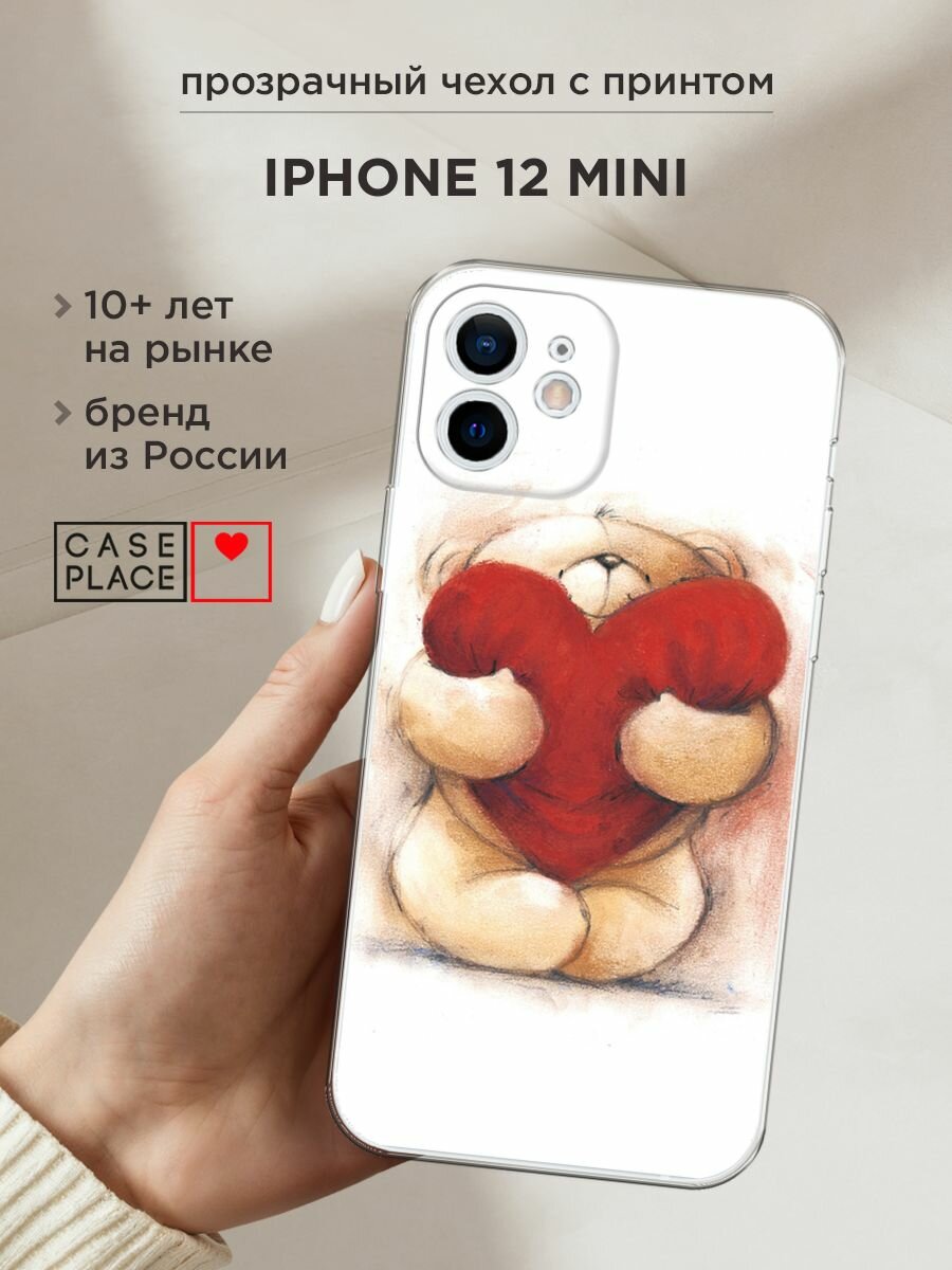 Чехол на Apple iPhone 12 mini / Айфон 12 Мини с принтом "Мишка с сердцем 1"