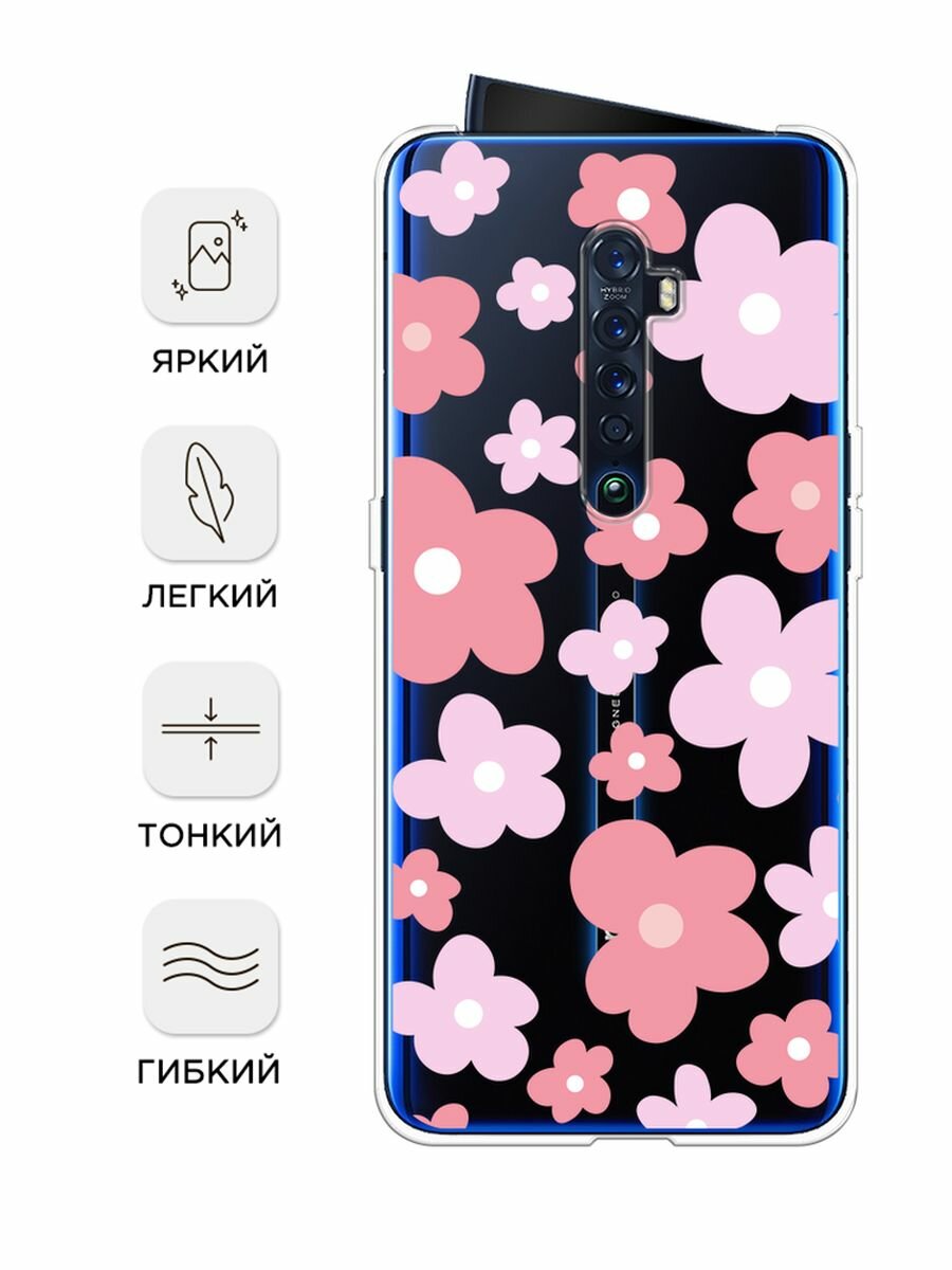 Чехол на Oppo Reno 2 / Оппо Рено 2 с принтом "Нежные розовые цветочки рисунок", прозрачный — фото 1