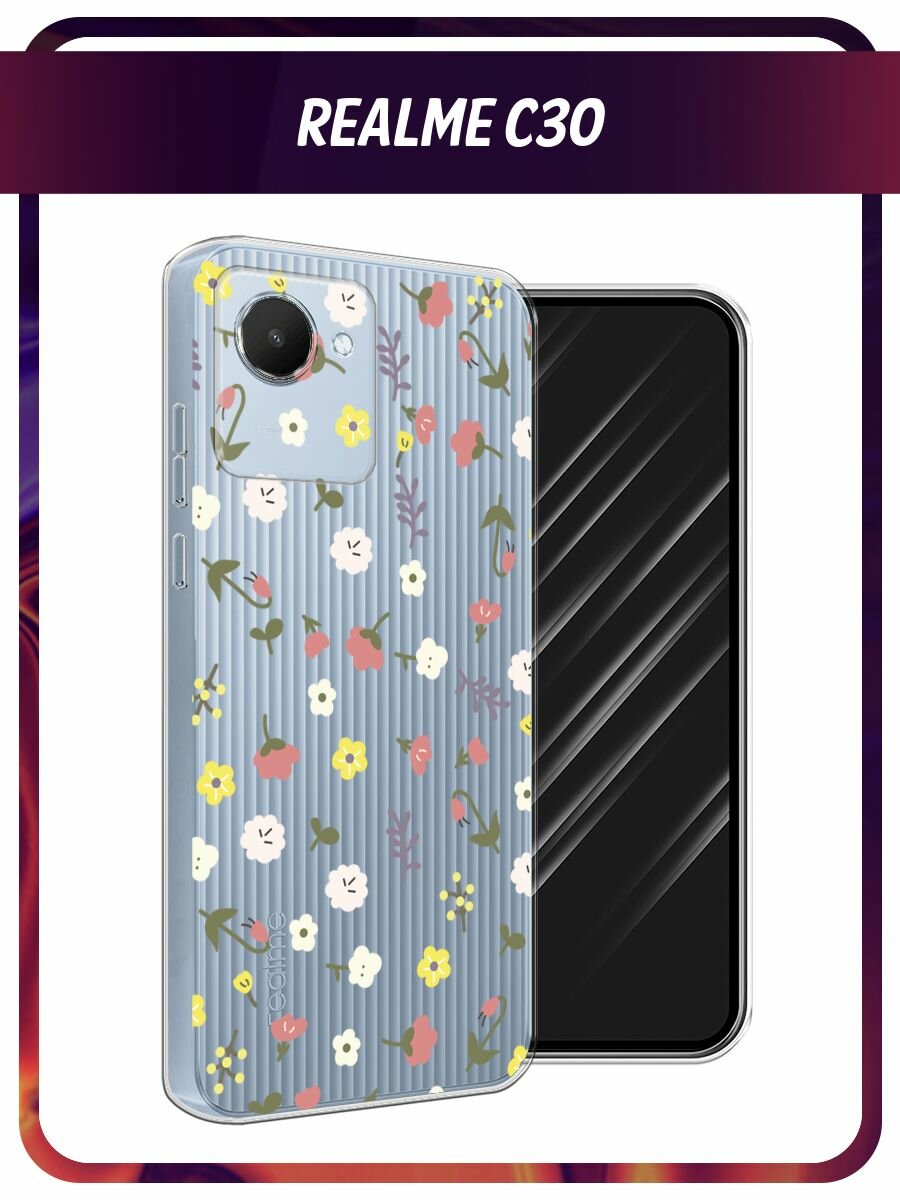 Чехол на Realme C30 / Реалми C30 с принтом "Россыпь цветов рисунок", прозрачный
