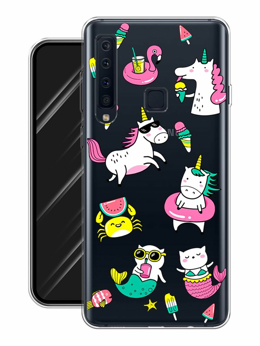 Чехол на Samsung Galaxy A9 2018 / Самсунг Галакси А9 2018 с принтом "Единороги в отпуске", прозрачный — фото 1