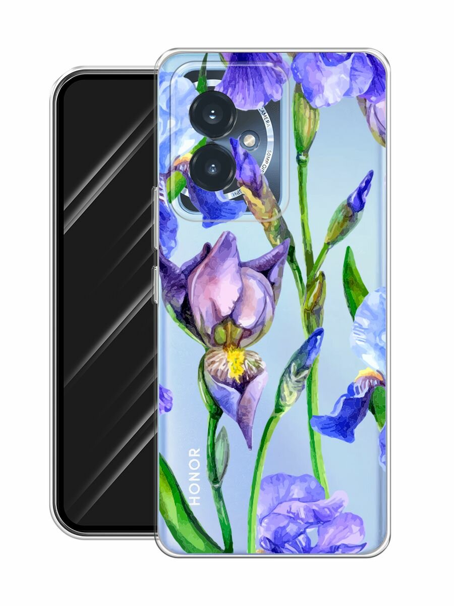 Чехол на Honor 100 / Хонор 100 с принтом "Синие ирисы", прозрачный — фото 1