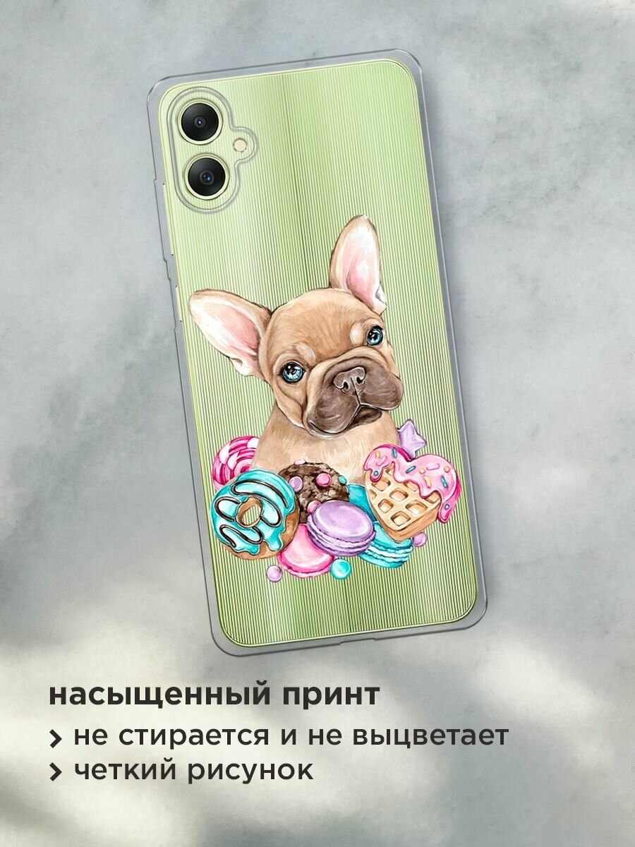 Чехол на Samsung Galaxy A06 / Самсунг Галакси А06 с принтом "Бульдог и сладости", прозрачный — фото 1