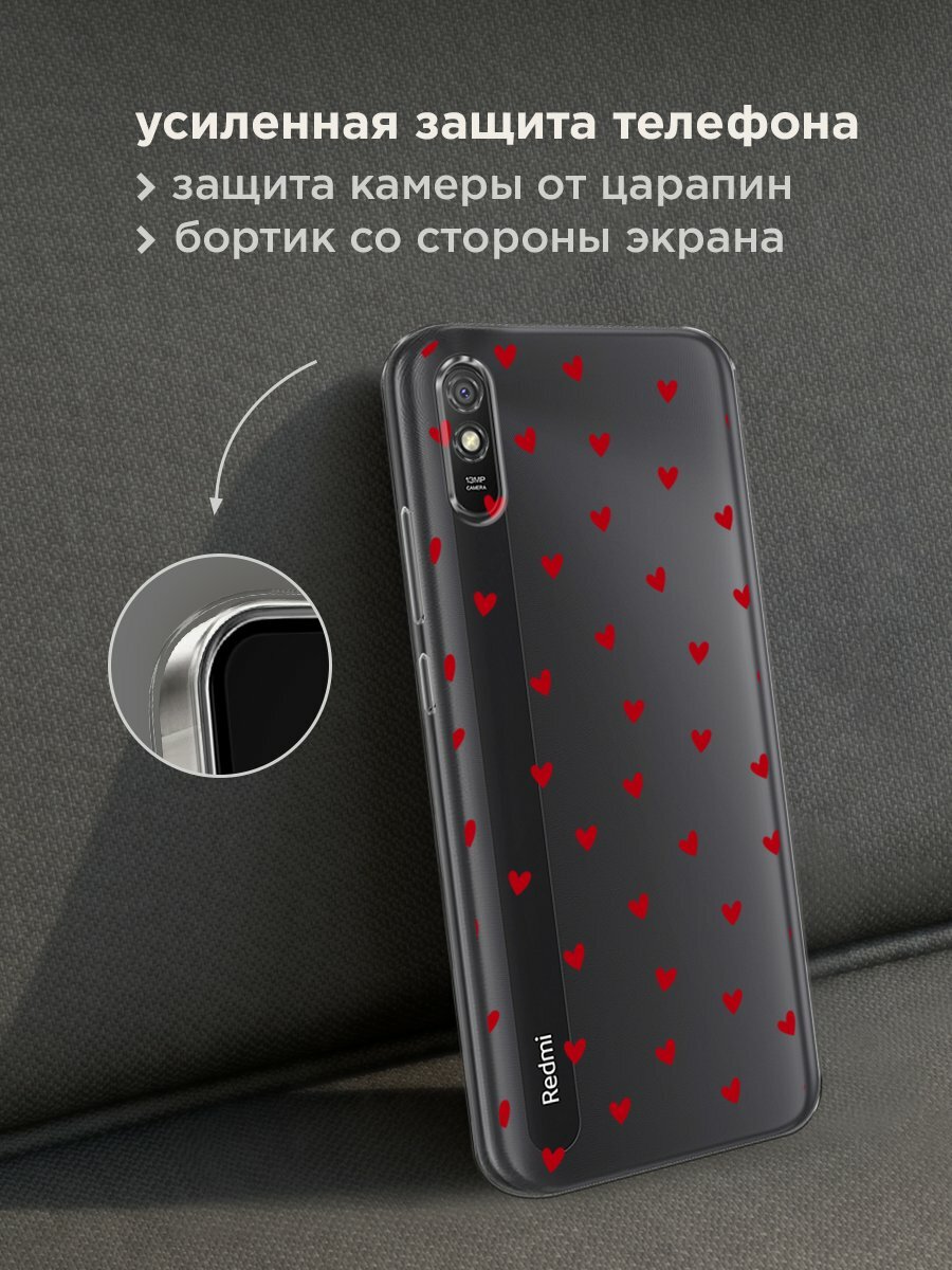 Чехол на Xiaomi Redmi 9A / Сяоми Редми 9А с принтом "Red hearts", прозрачный — фото 1