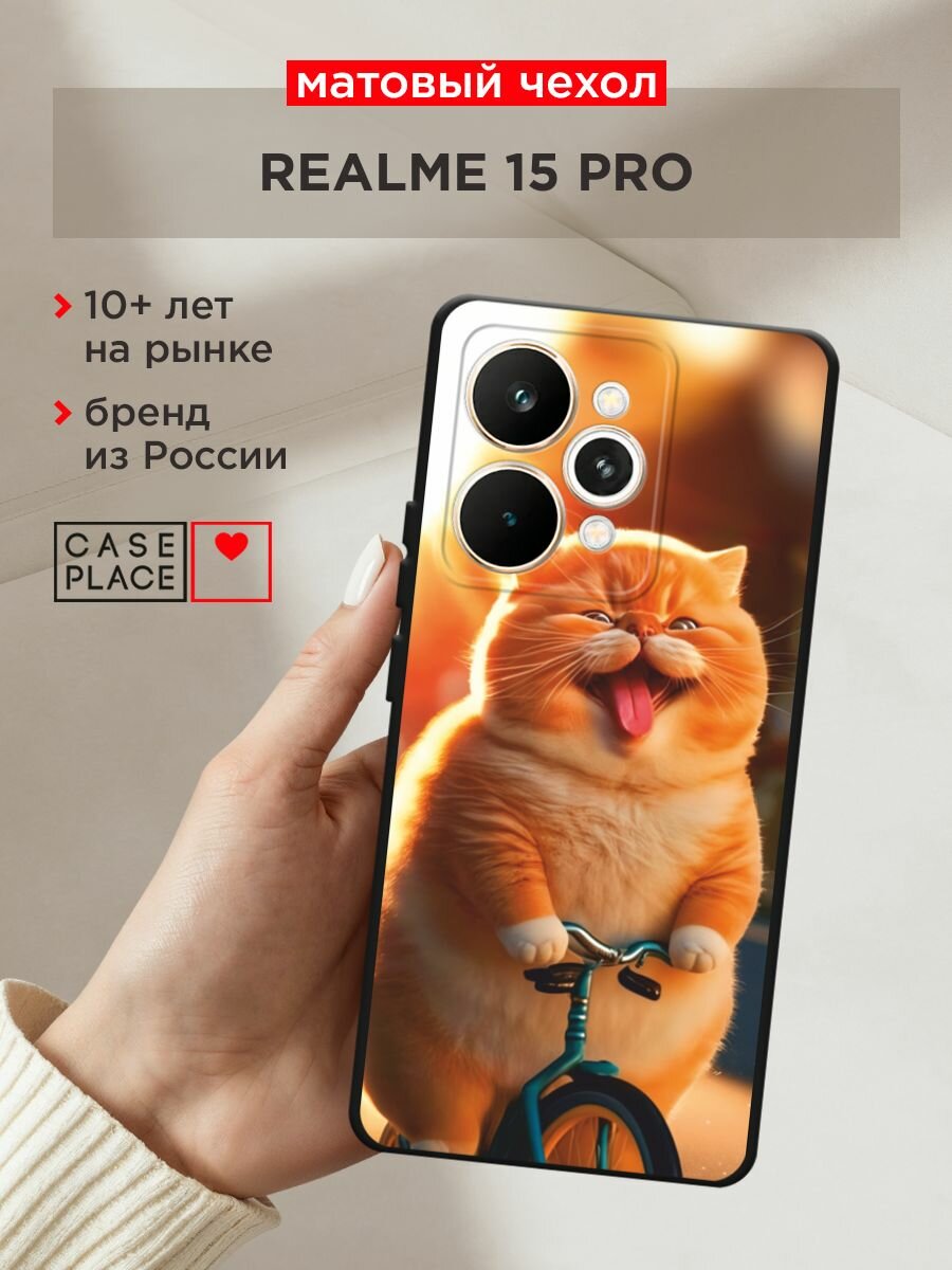 Черный матовый чехол на Realme 15 Pro / Реалми 15 Про с принтом "Кот на велике"