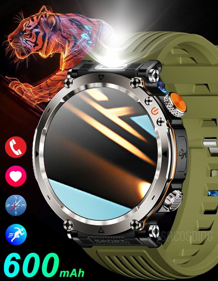 Cмарт часы мужские водонепроницаемые противоударные круглые с 1.7'большим amoled экраном, С фонариком лазерный свет, компас, фитнес трекер, bluetooth звонки