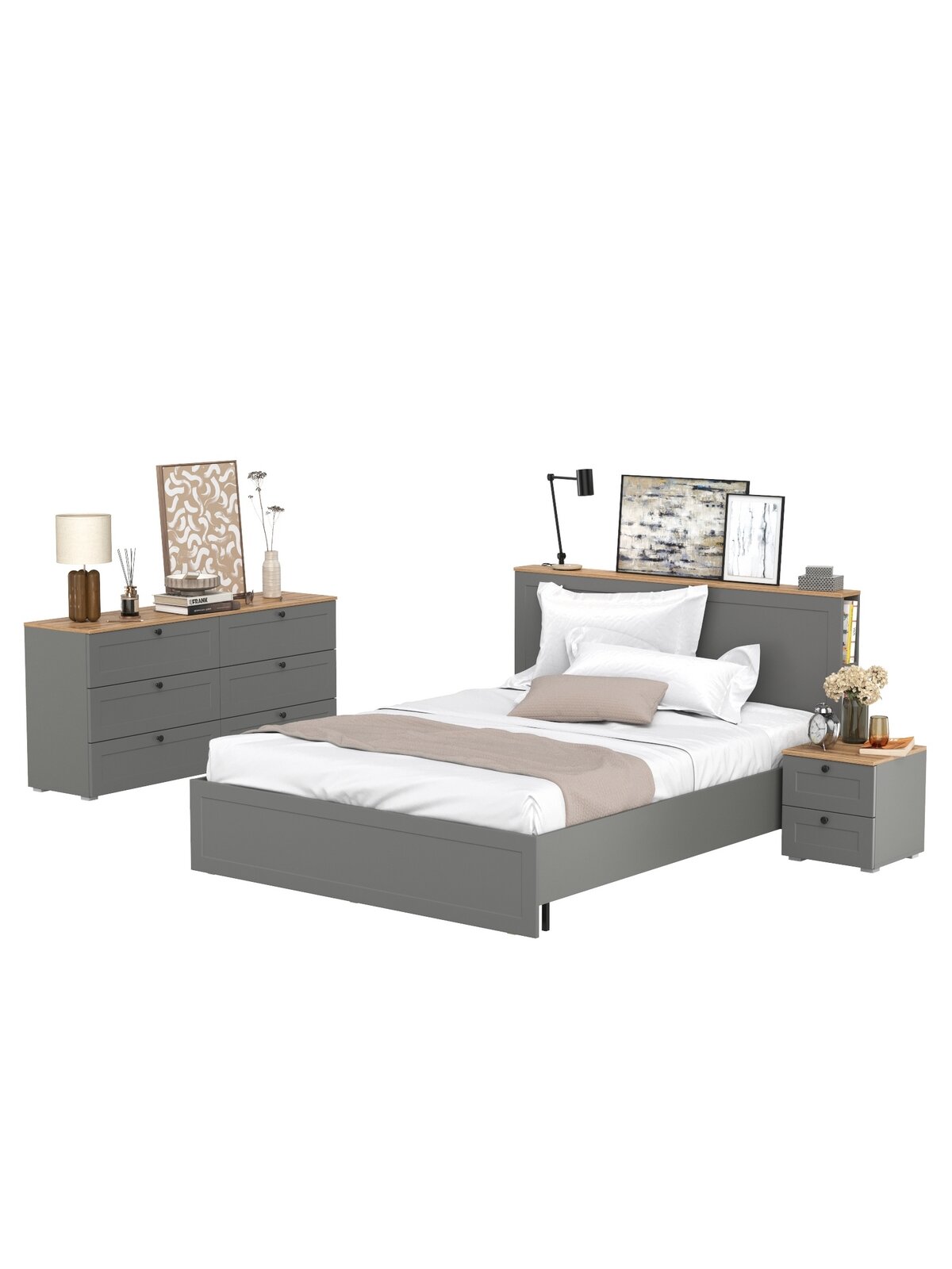 Гарнитур спальный Остин из комода 16.240 с кроватью с основанием и тумбы прикроватной, серый графит/дуб крафт