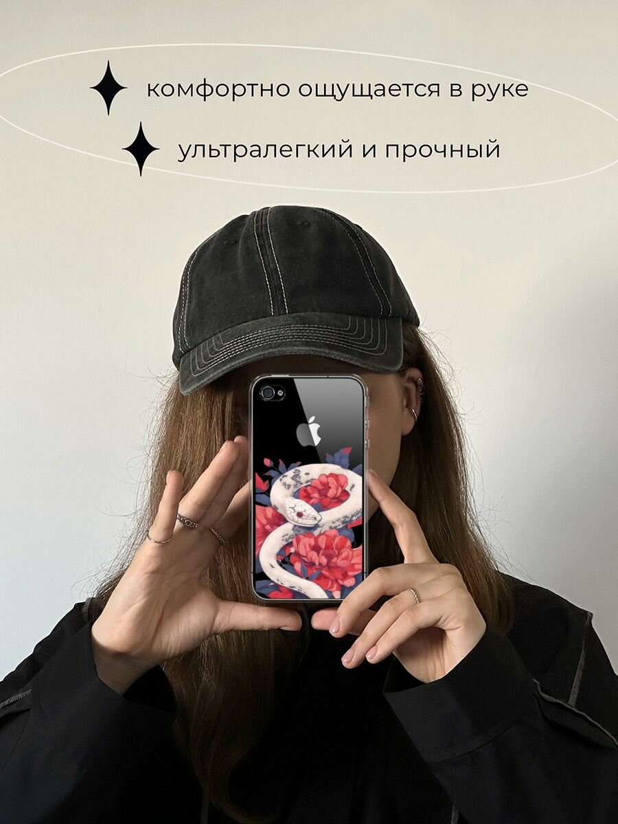 Чехол на Apple iPhone 4/4S / Айфон 4/4S с принтом "Белая змея в цветах", прозрачный — фото 1
