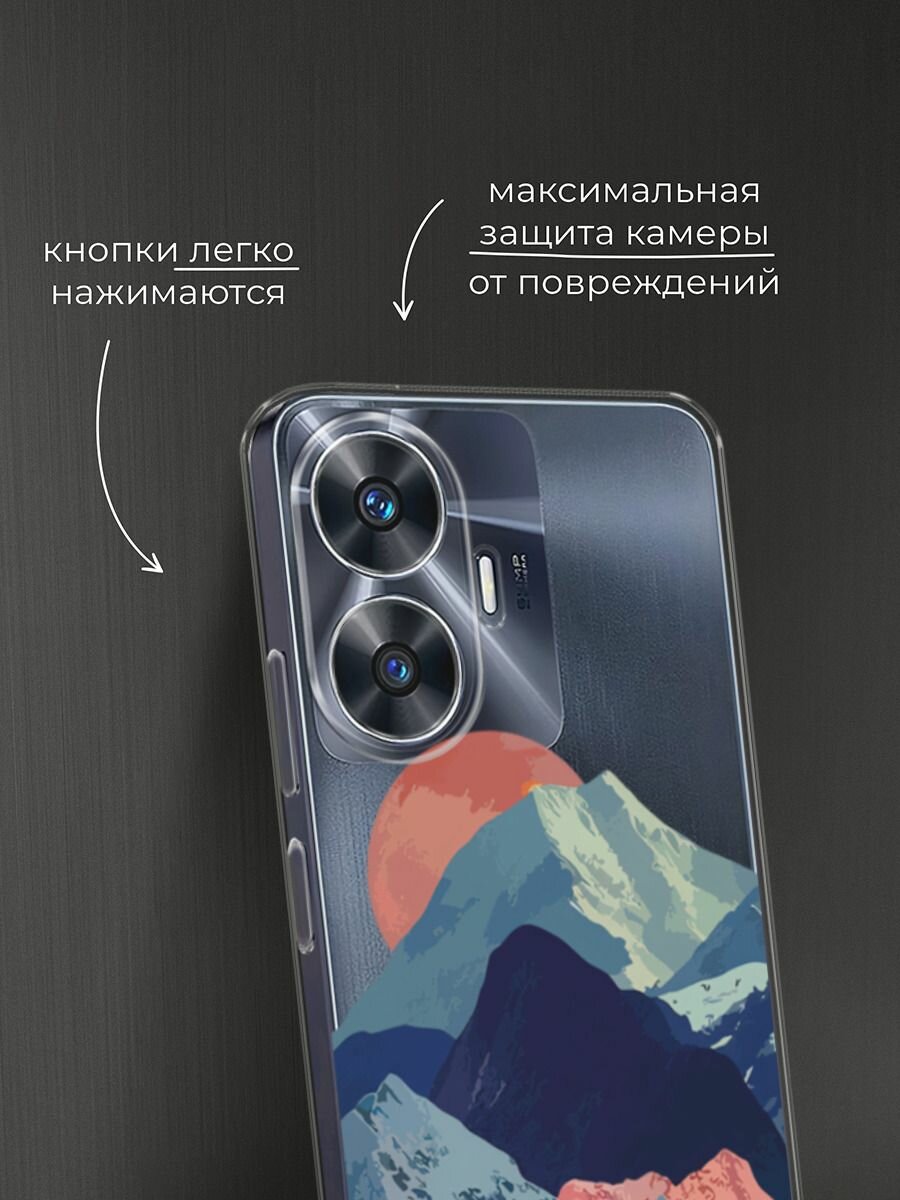 Чехол на Realme C55 / Реалми C55 с принтом "Закат в снежных горах", прозрачный — фото 1