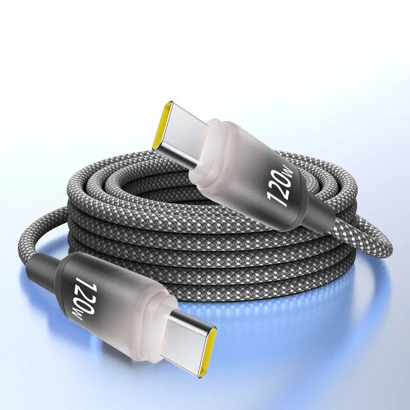 Кабель USB C 120 Вт, 6 А для IPhone 16 15 Pro Plus, кабель типа C для быстрой зарядки типа C для Xiaomi Samsung Huawei, градиентный цветной провод 2 м, Black
